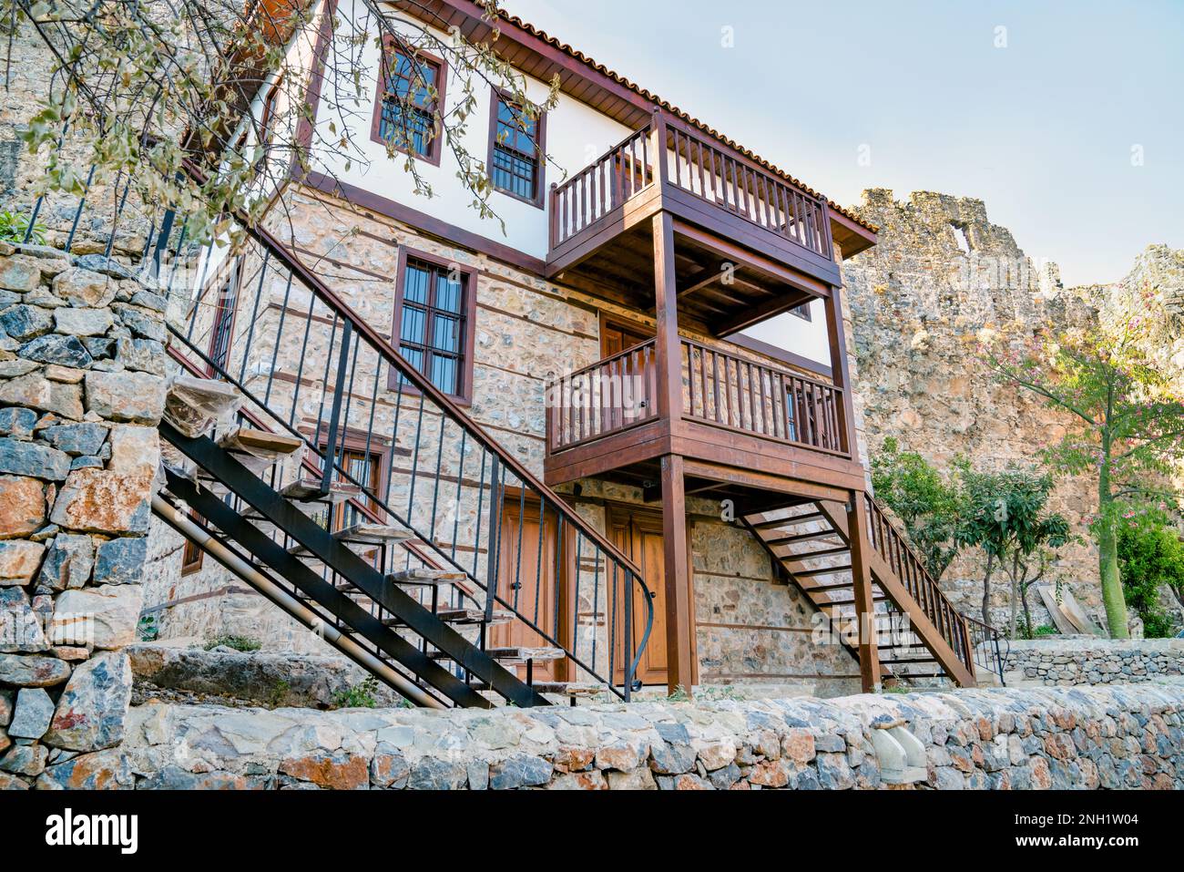 Traditional old Turkish three-storey house, lower viewing angle Stock ...