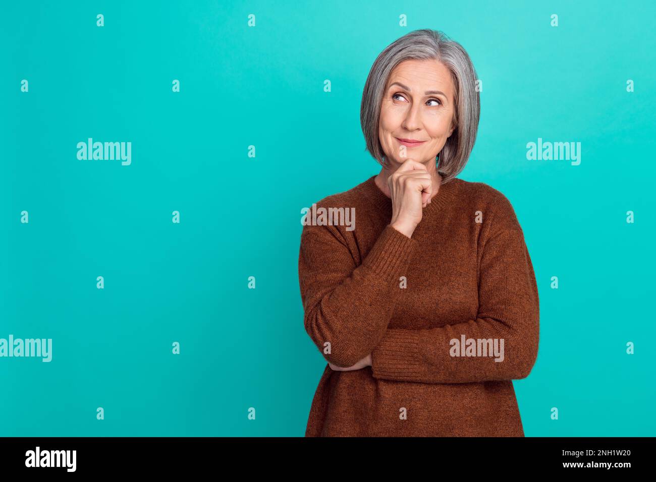 Photo of smart pensive retired lady hand chin wear stylish clothes look ...