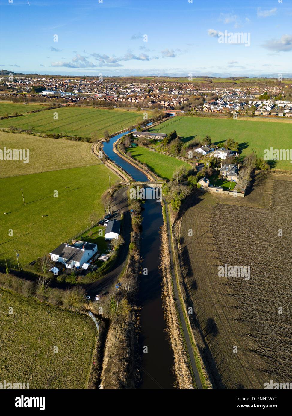 Aerial view from drone of Union Canal at Broxburn, West Lothian ...