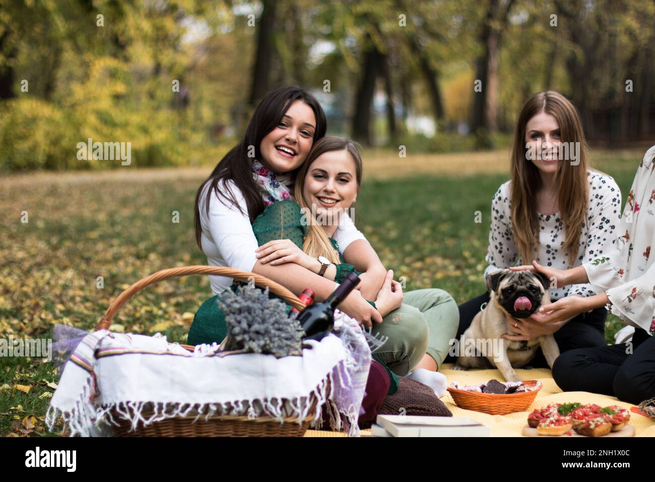 Group of four women on a fun fall picnic in the park, having a good ...