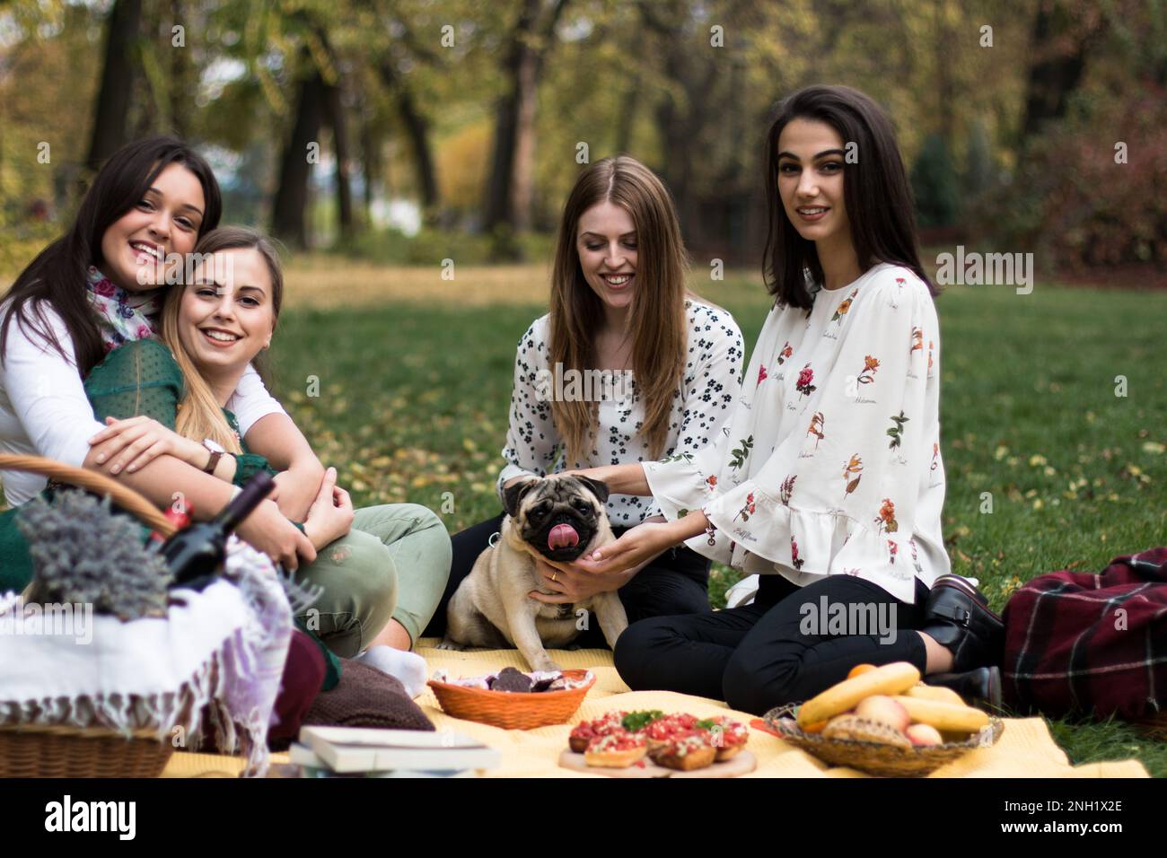 Group of four women on a fun fall picnic in the park, having a good ...