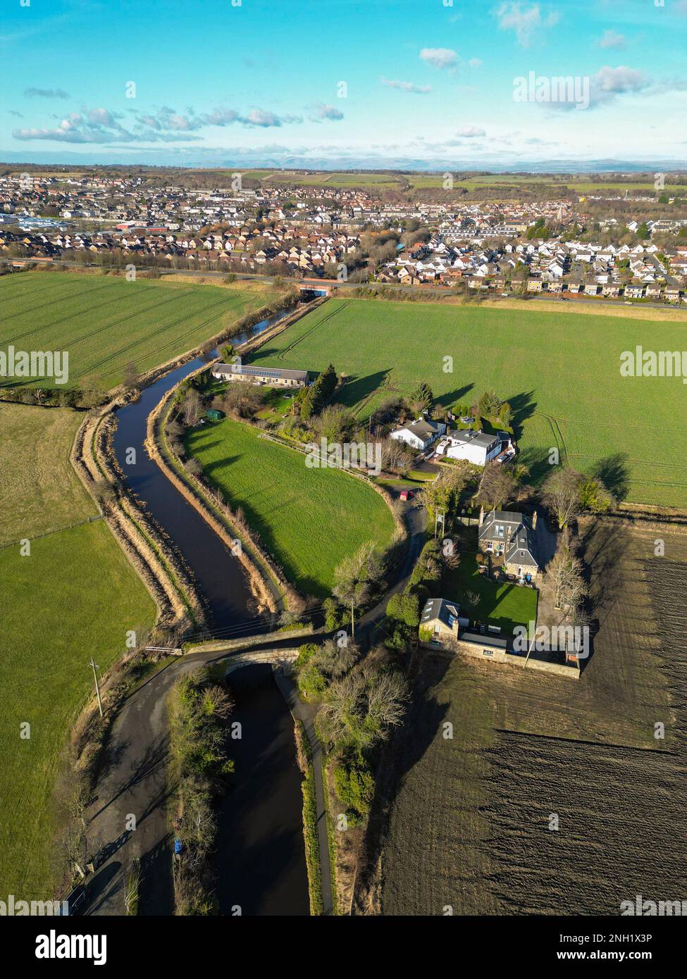 Aerial view from drone of Union Canal at Broxburn, West Lothian ...