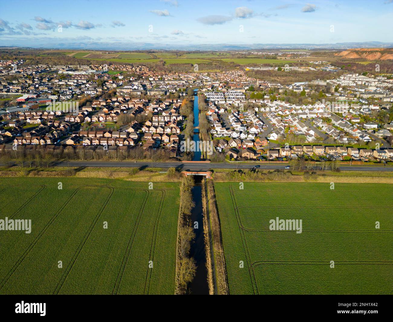Aerial view from drone of Union Canal at Broxburn, West Lothian ...