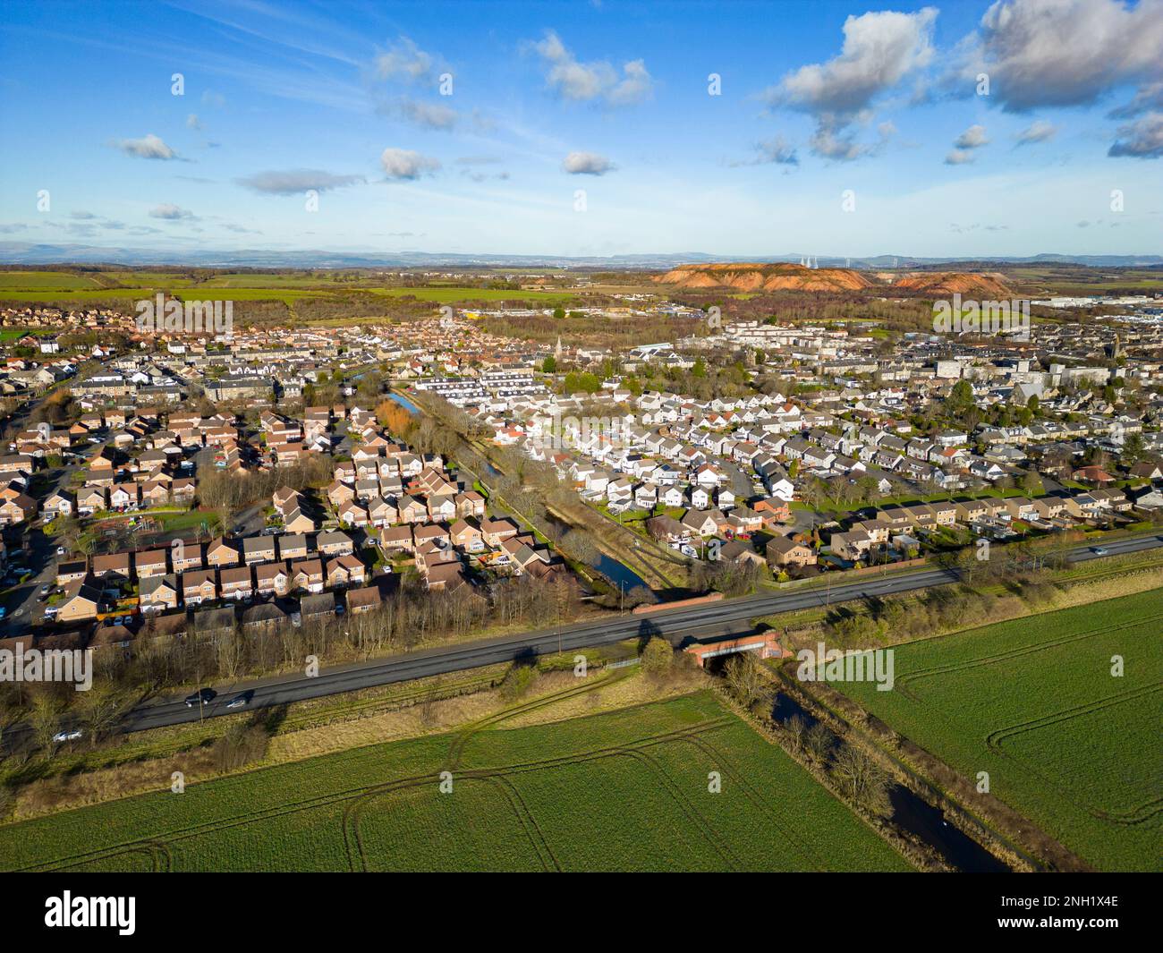 Aerial view from drone of Union Canal at Broxburn, West Lothian ...