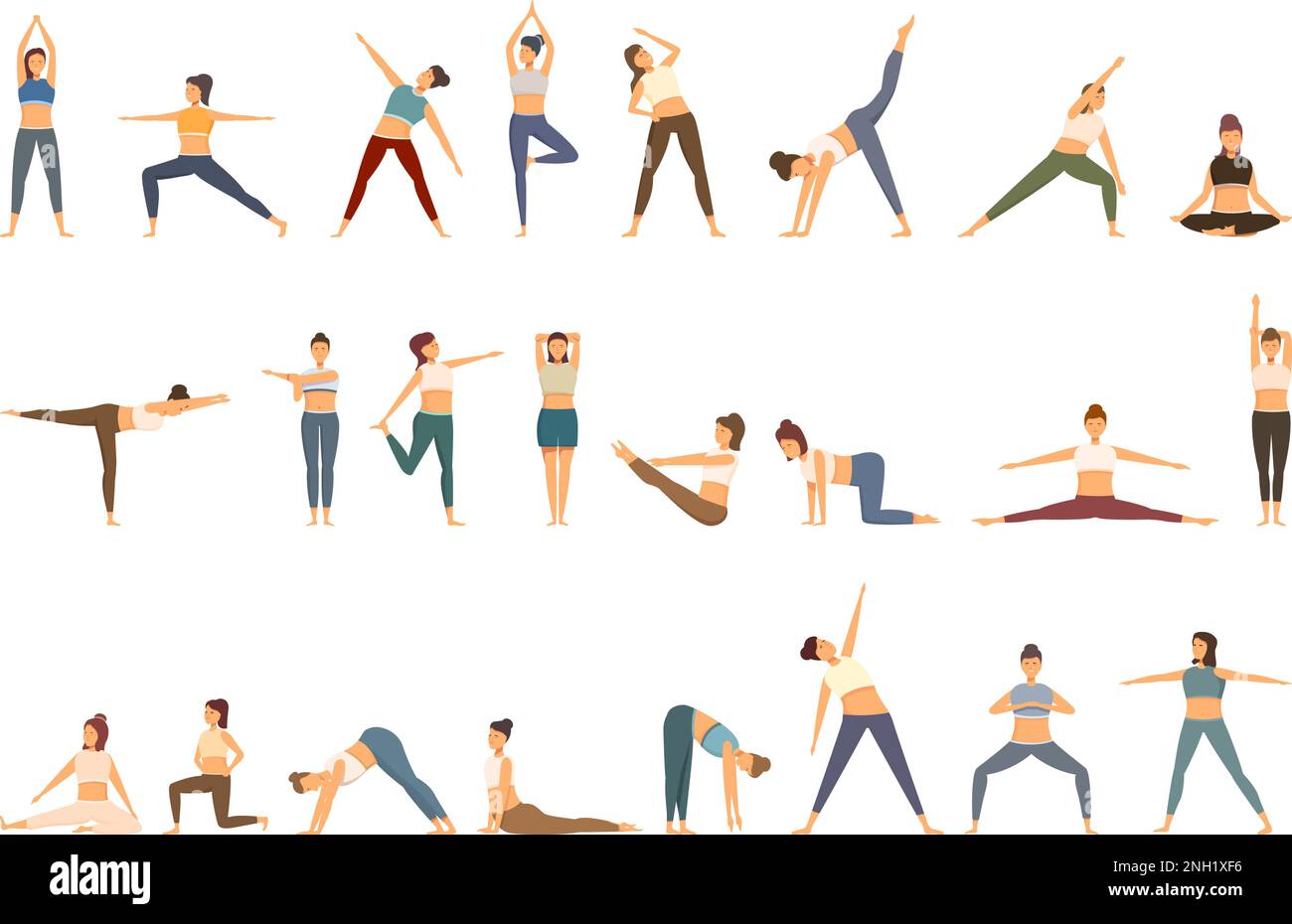 Stretching icons set cartoon vector. Yoga pilates. Woman flexible Stock ...