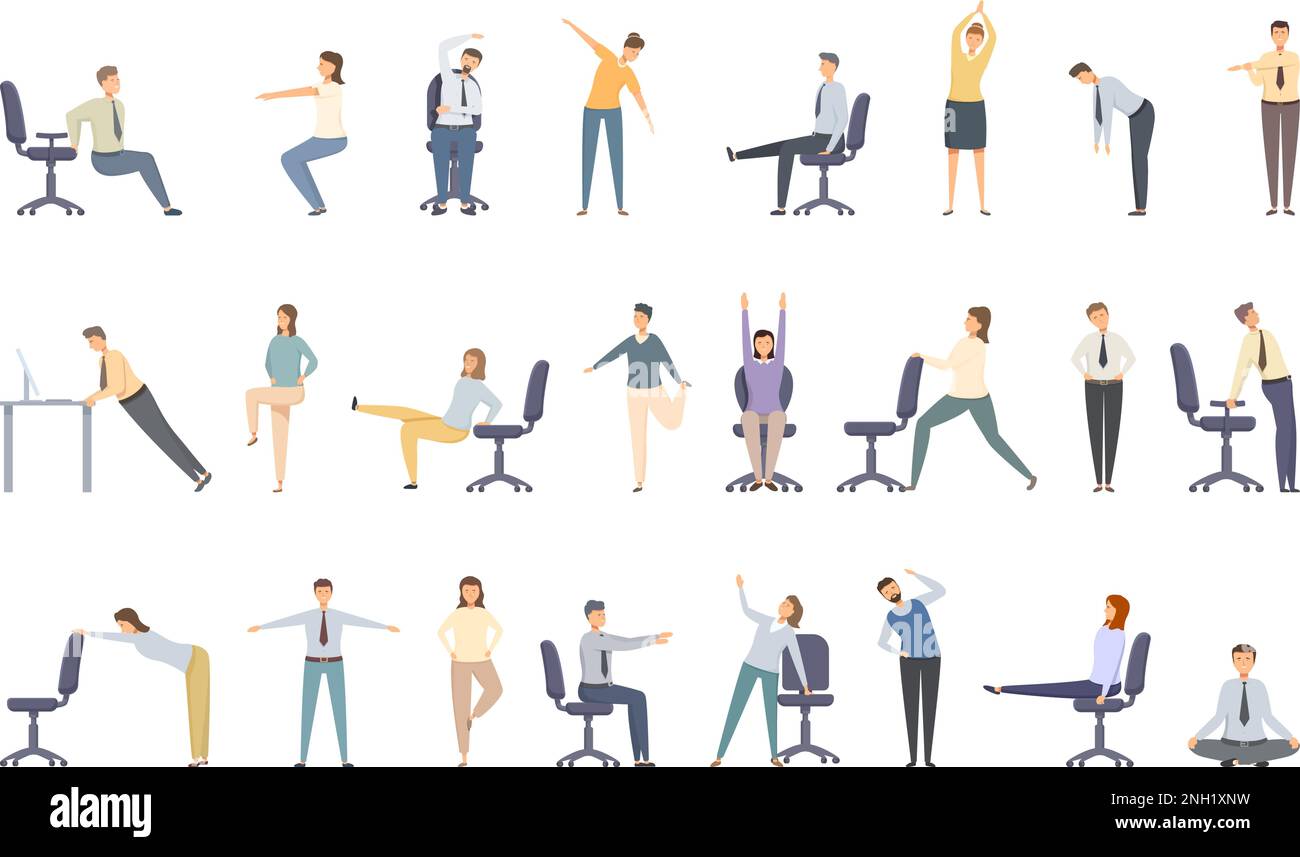Office workout icons set cartoon vector. Ergonomic break. Sport ...