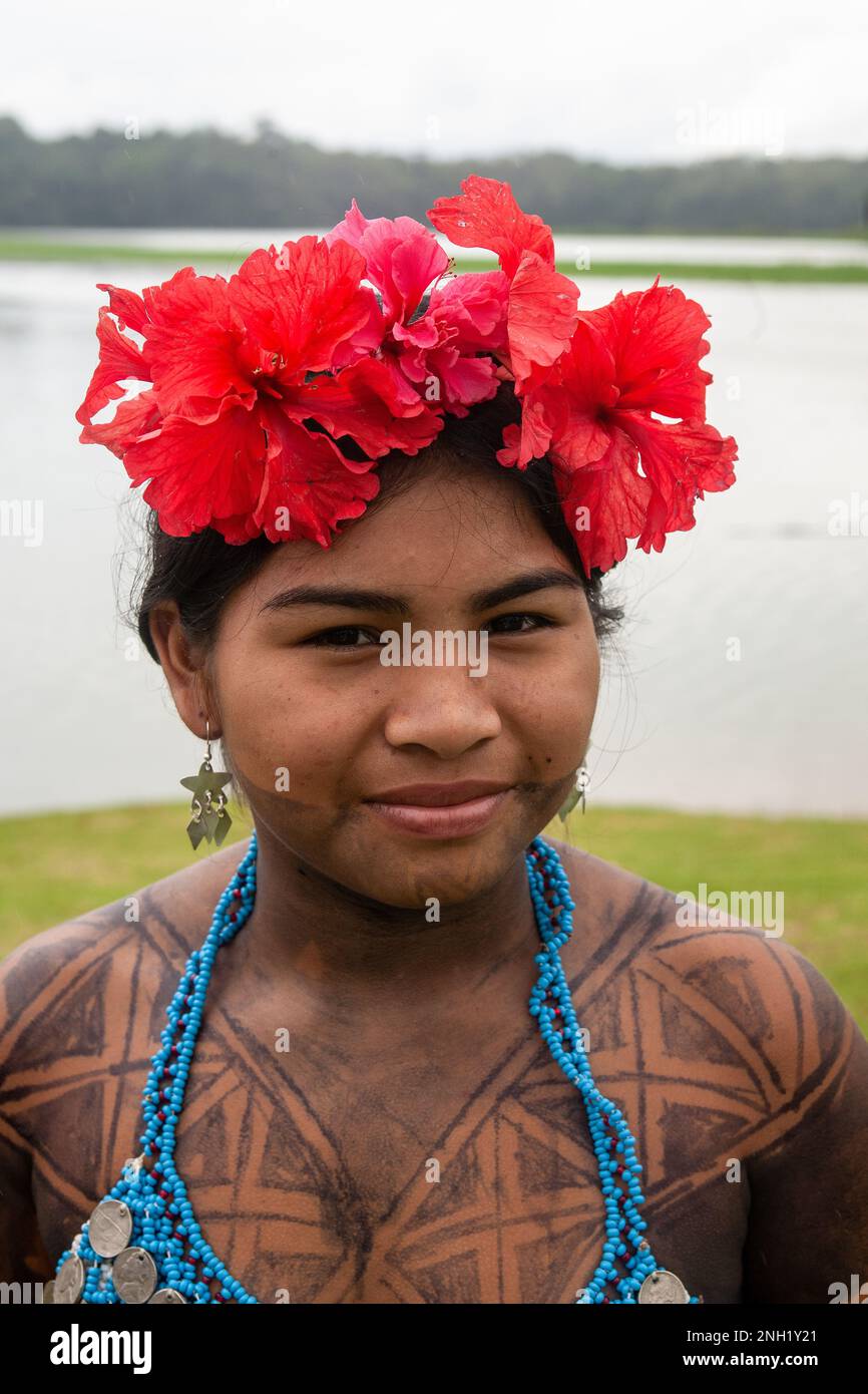 An indigenous Embera woman dressed up for visitors in her village on ...