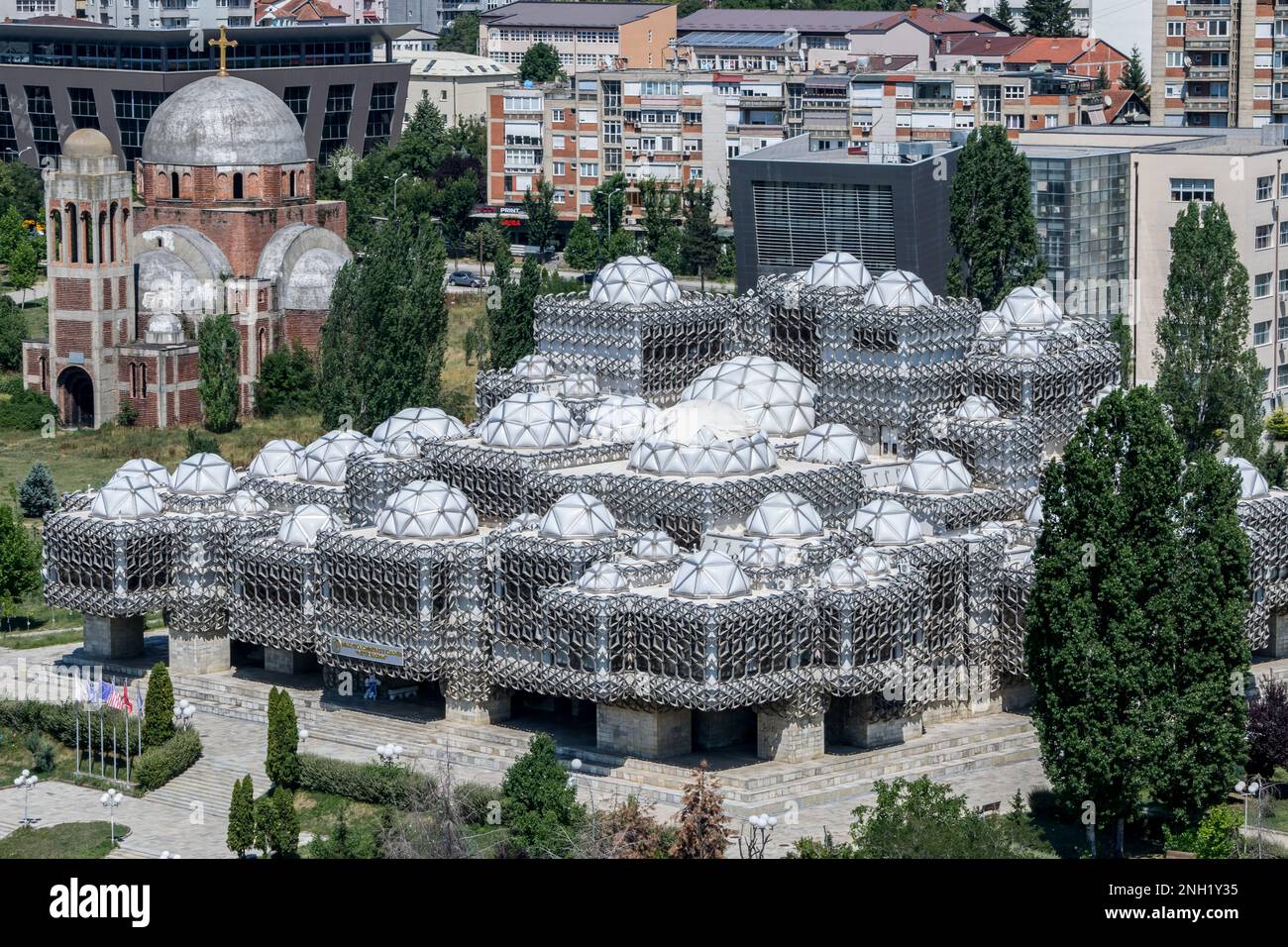 Elevated view of National Library of Kosovo, in Pristina, built in ...