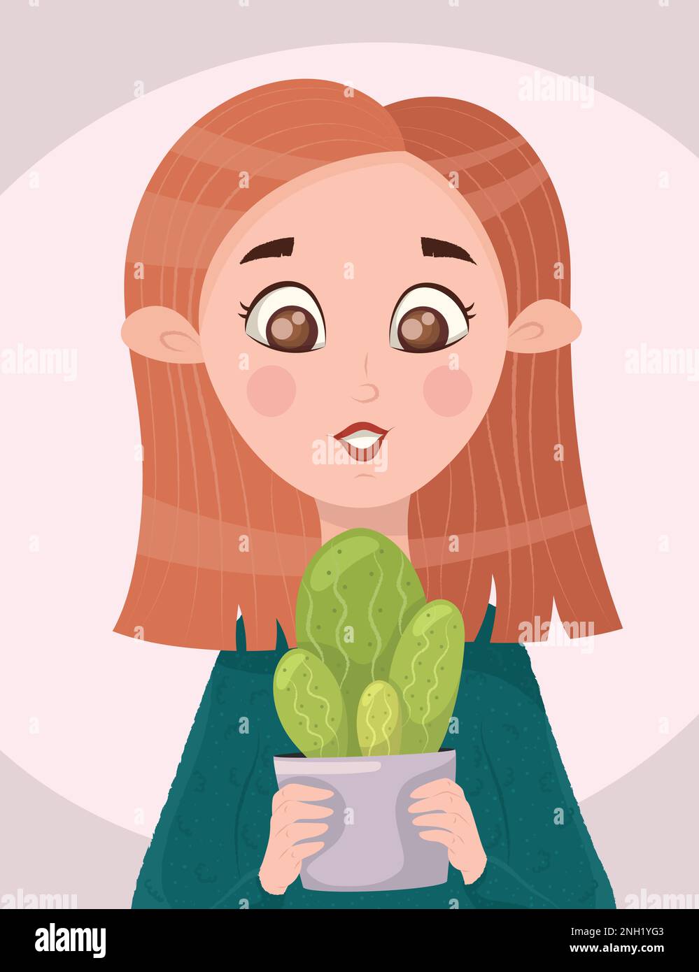 Stylized portrait of a cute young red-haired girl with a cactus. An ...