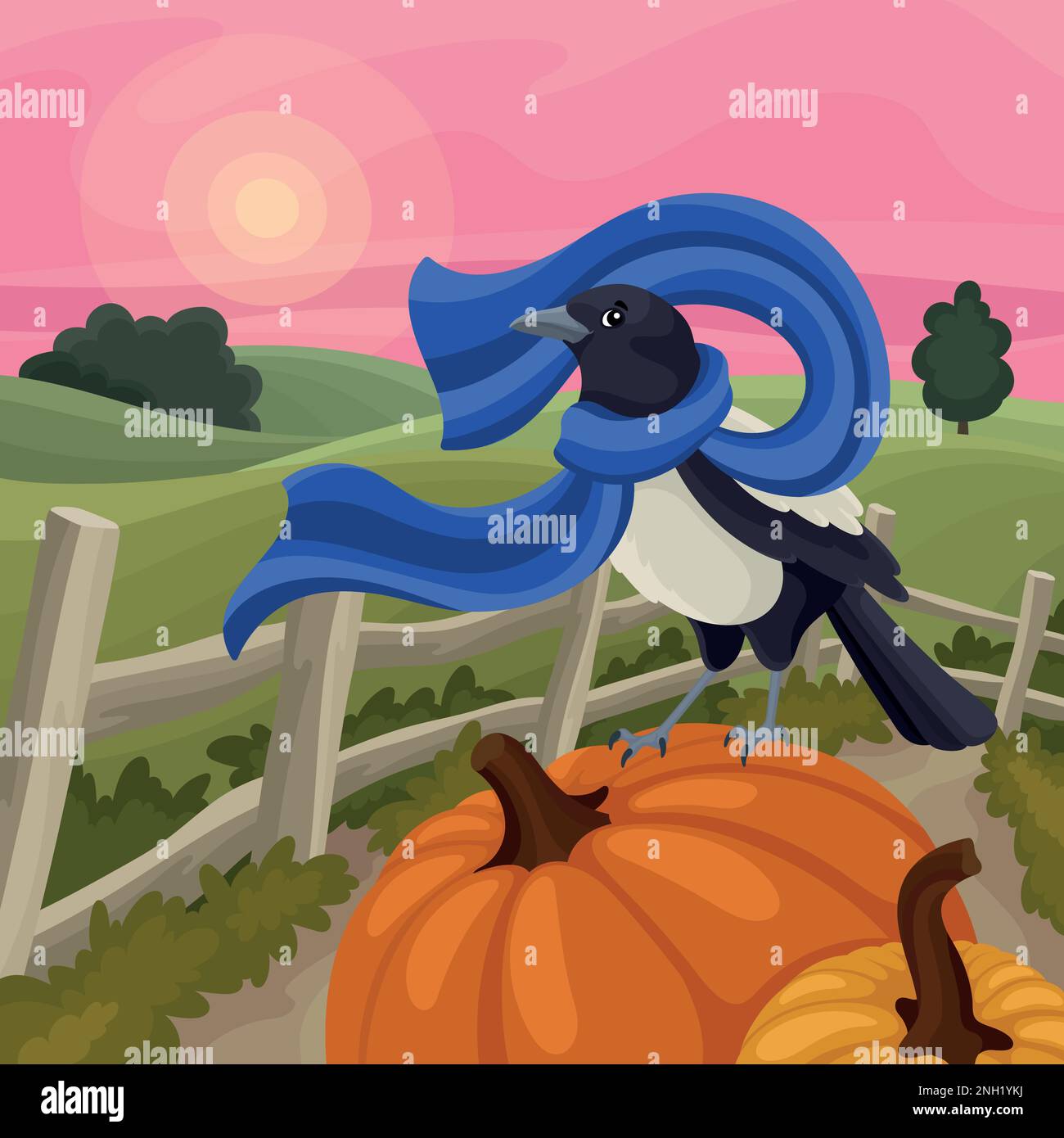 A magpie in a blue scarf on a pumpkin field. Children's book ... A magpie in a blue scarf on a pumpkin field. Children's book ...
