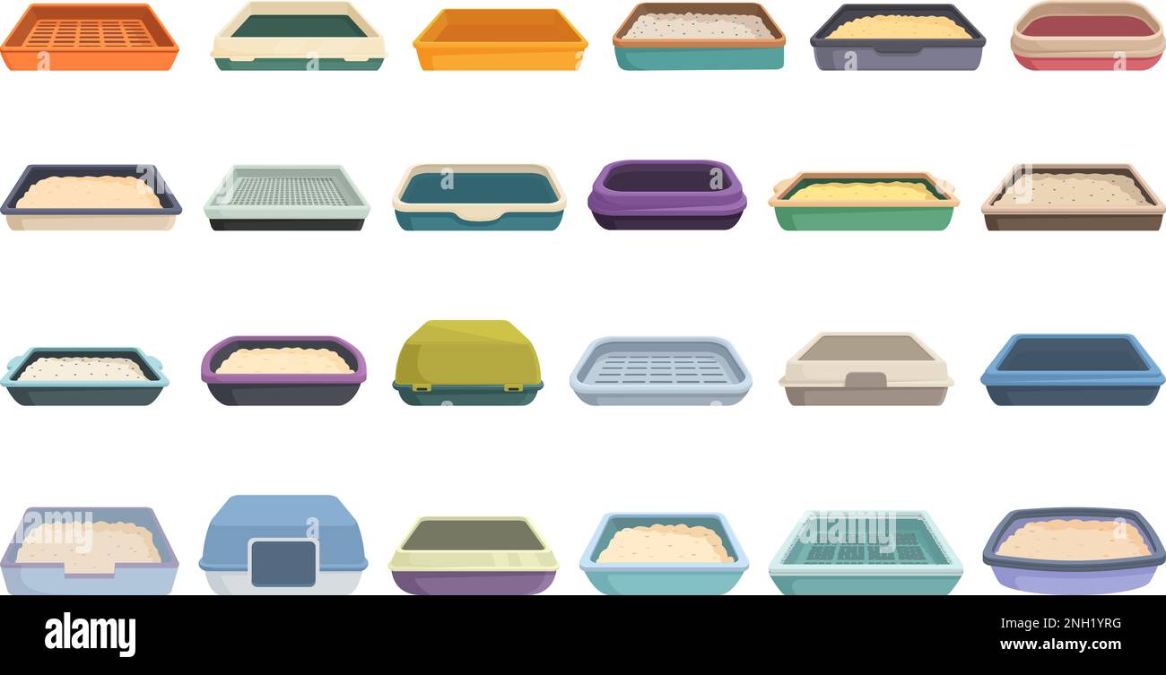 Cat tray icons set cartoon vector. Toilet sandbox. Animal box Stock ...