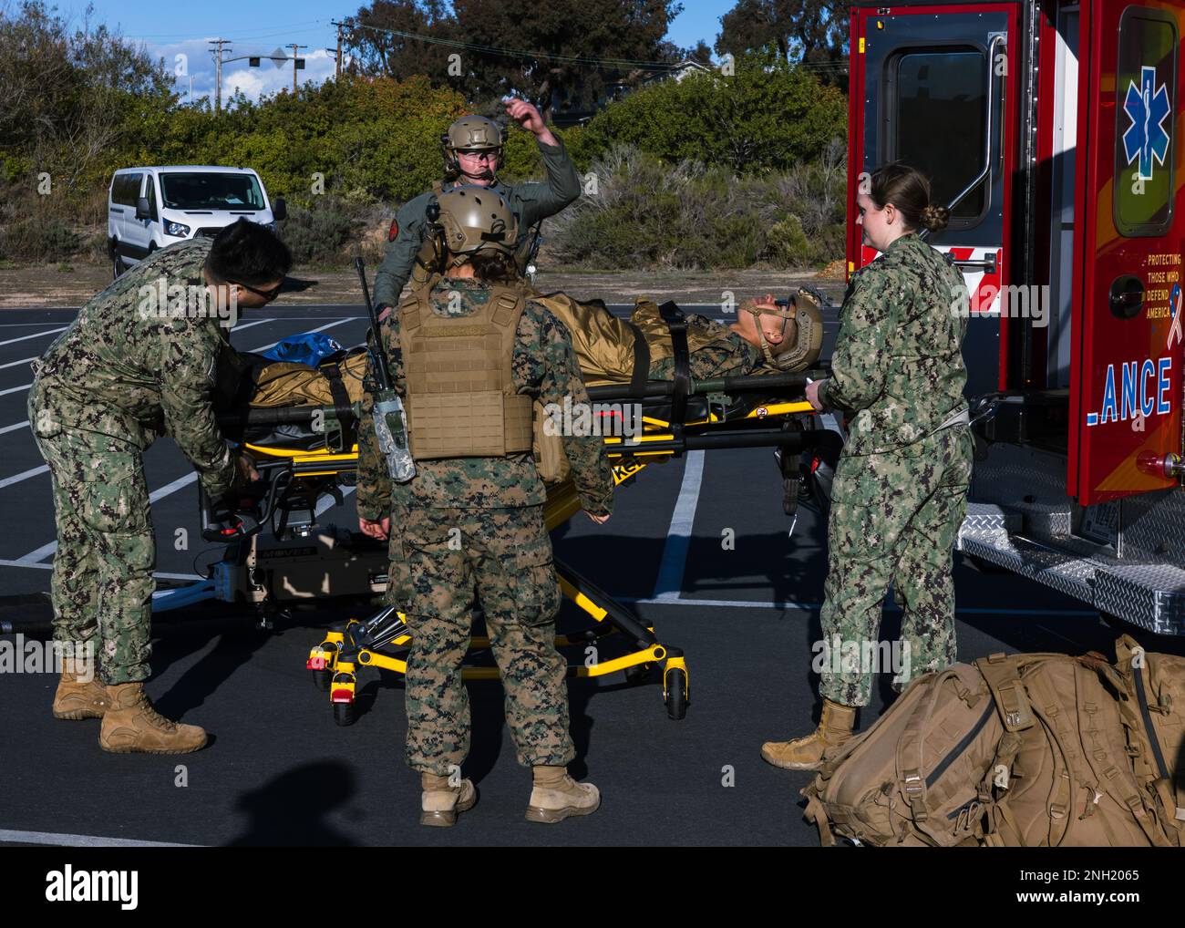 U.S. Marines and Navy medical personnel move a simulated casualty into ...