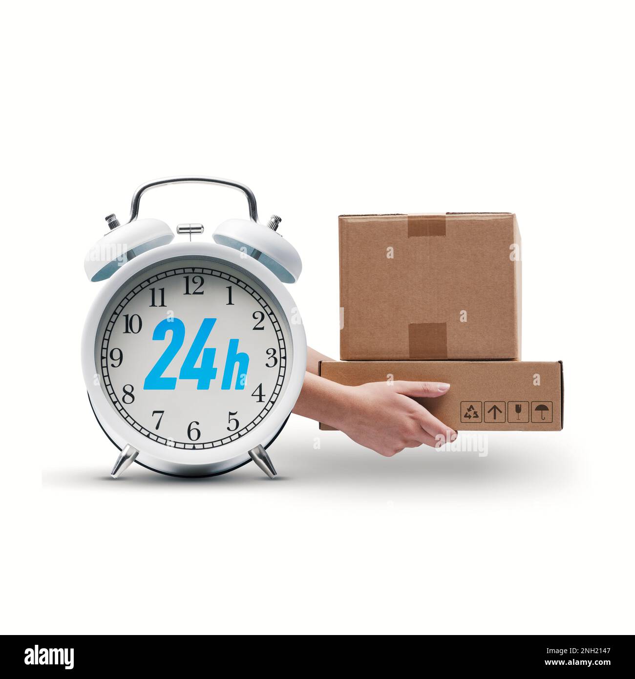 24h express delivery service: delivery person holding parcels and alarm ...