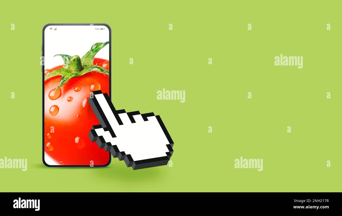 Hand cursor clicking on fresh vegetables on smartphone screen, online ...