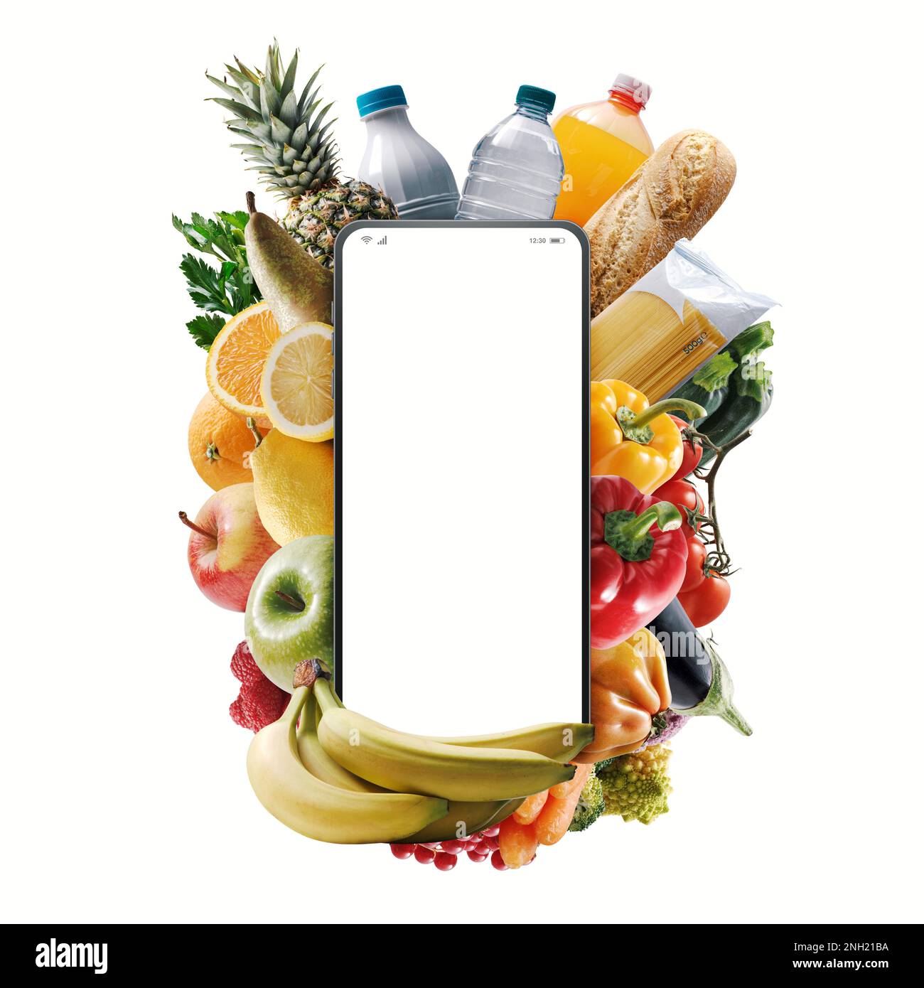 Smartphone with blank screen and fresh groceries: online grocery ...