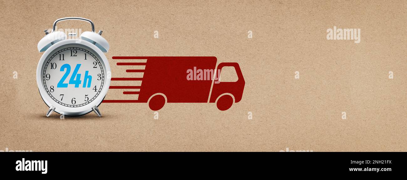 24h express delivery service banner: alarm clock and truck icon, blank ...