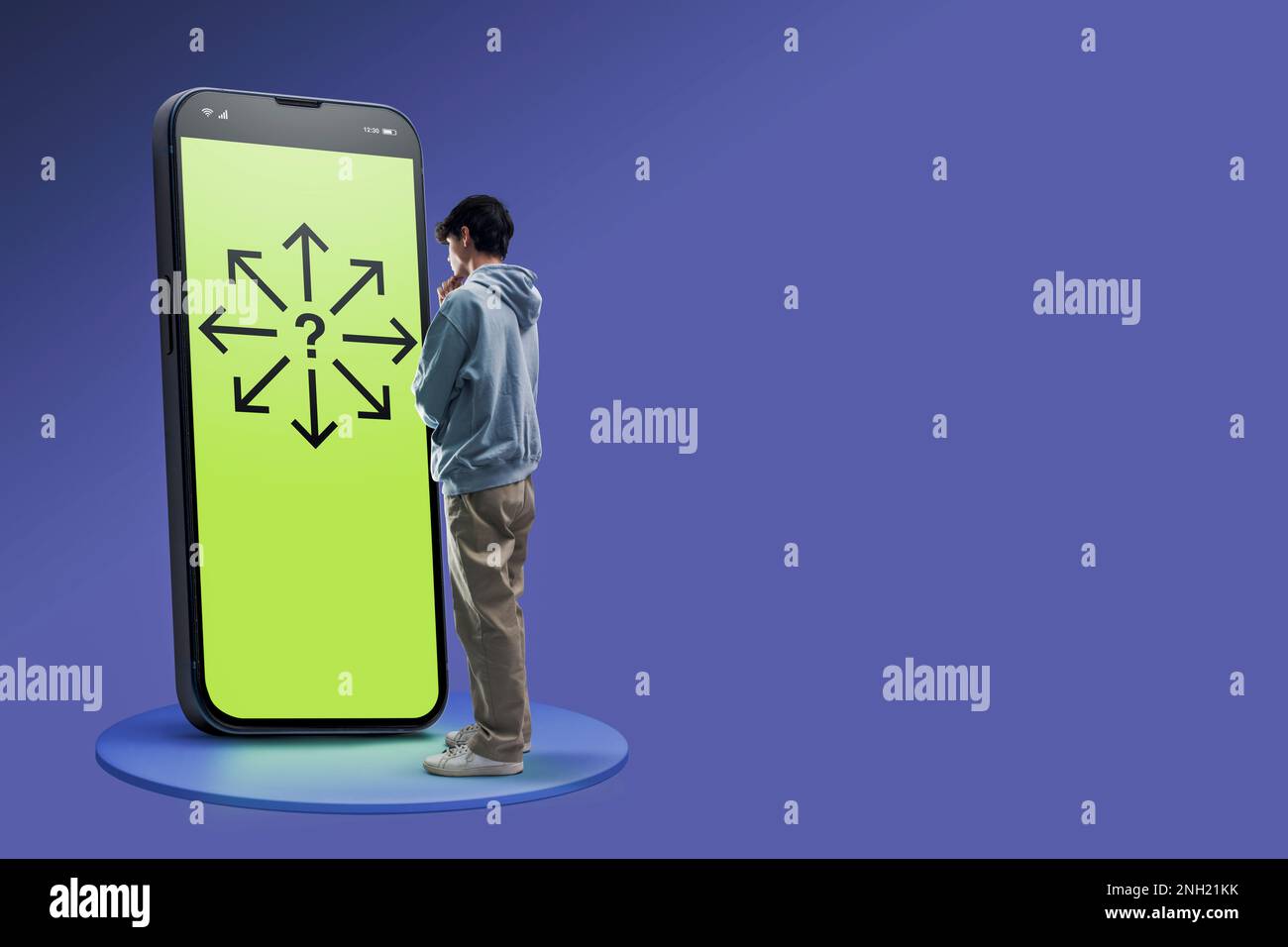 Pensive teenager looking at a big smartphone and taking a decision ...