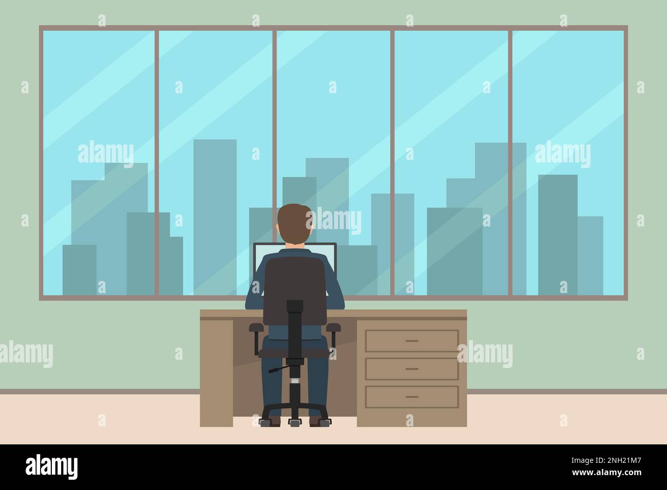 Man sitting at table and working. Back view. Vector illustration Stock ...