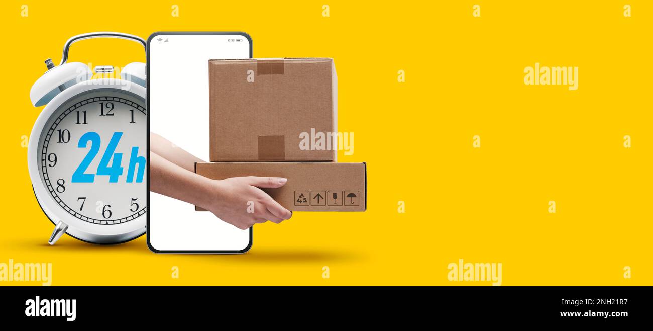 Courier hands delivering parcels in a smartphone screen and alarm clock ...