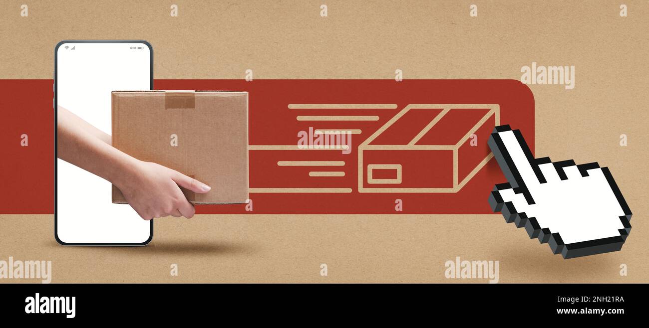 Courier delivering a parcel on smartphone screen and hand cursor ...