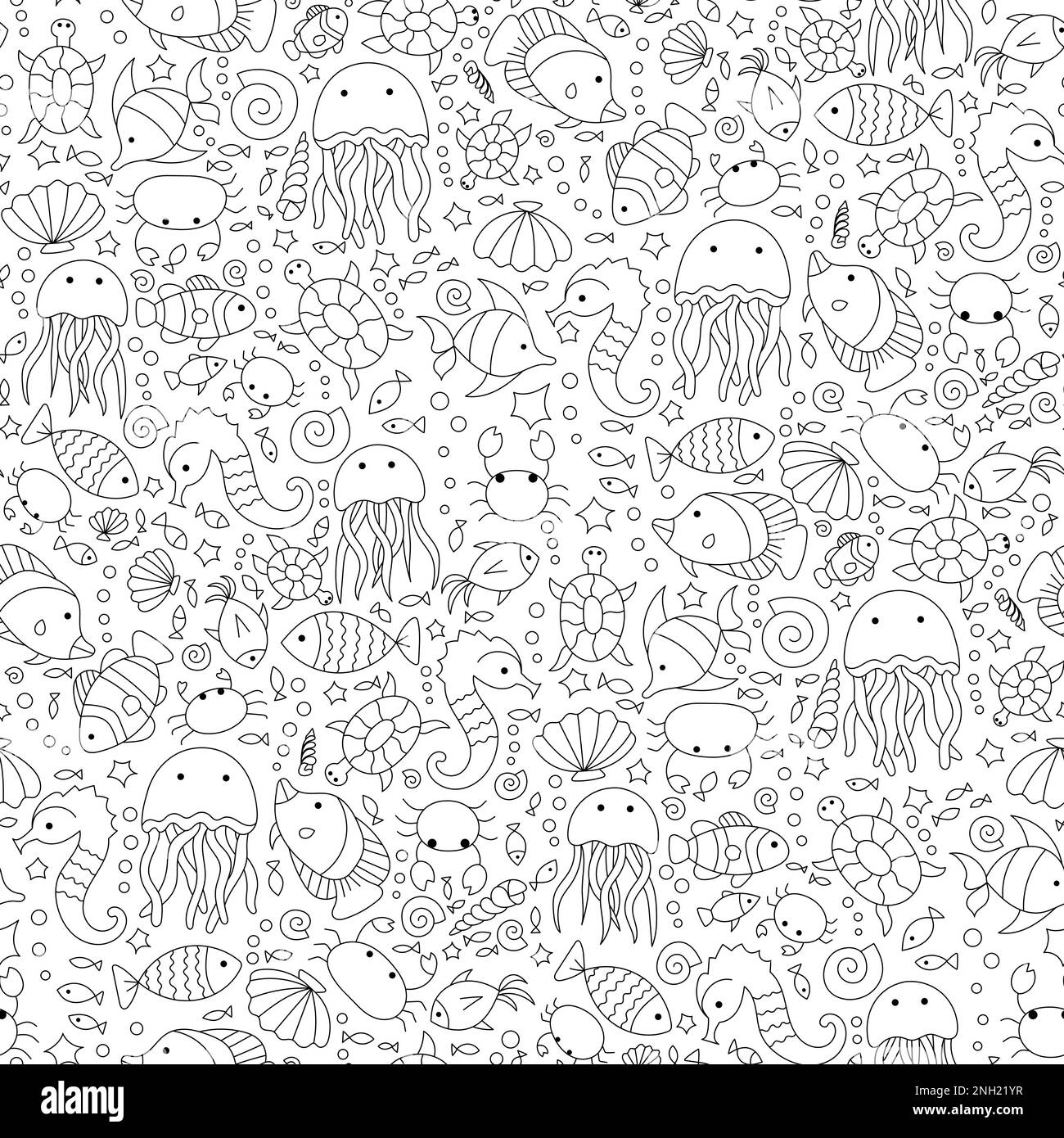 Vector cute marine life doodle seamless pattern. Beautiful vector ...