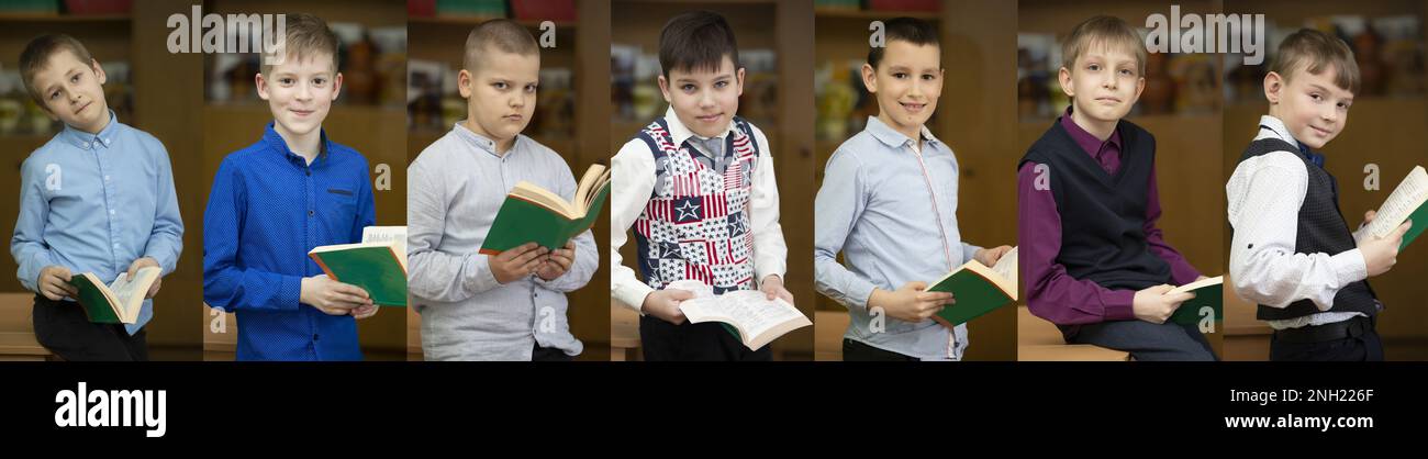 A collage of portraits of a schoolboy, middle school students with a ...