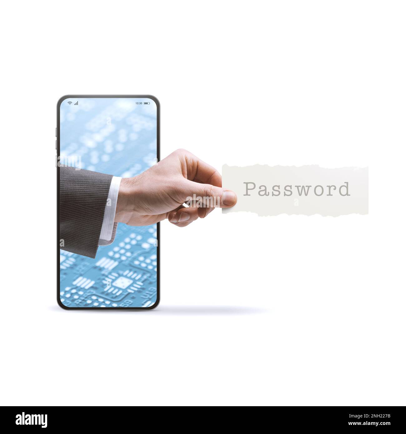 Businessman hand coming out of a smartphone screen and holding a piece ...