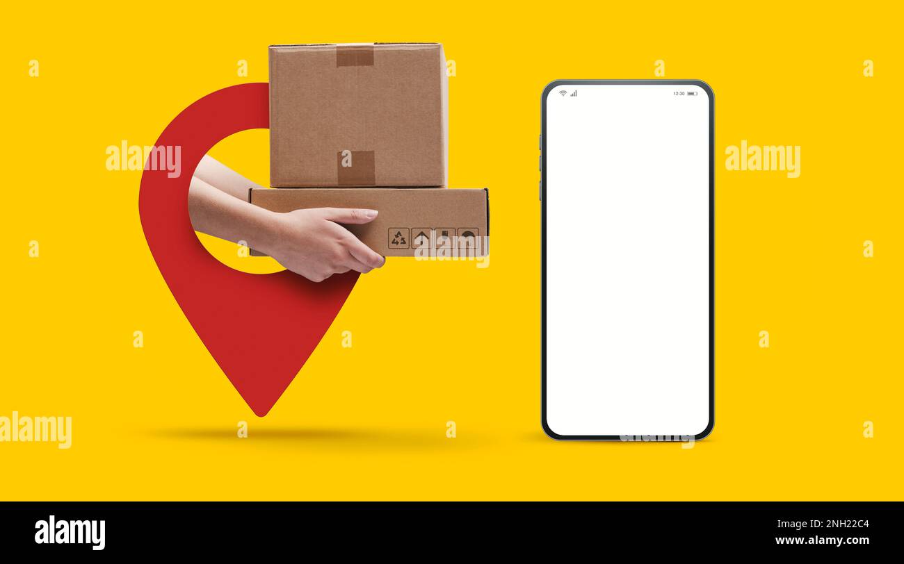 Courier delivering parcels in a GPS pin and smartphone with blank ...