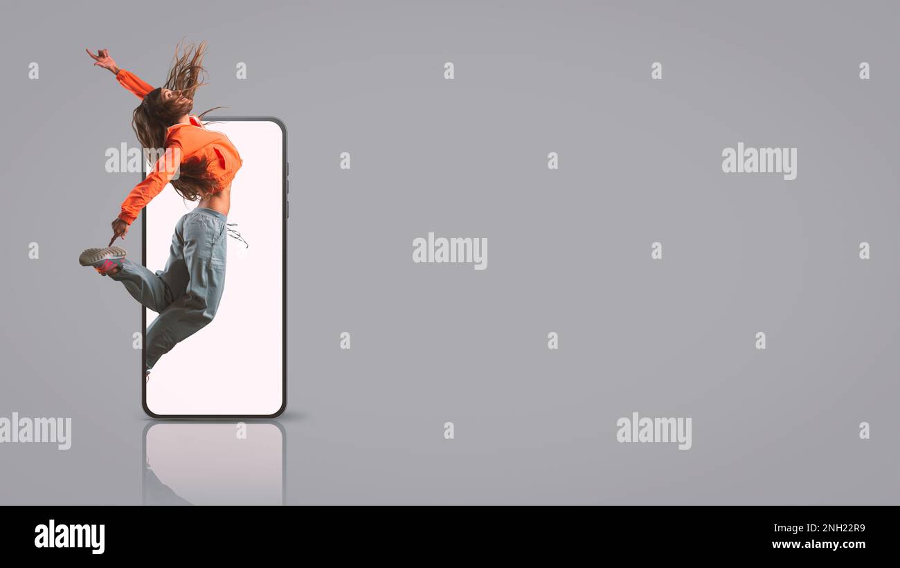 Professional dancer jumping out of a smartphone screen, mobile apps and ...