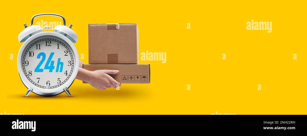 24h express delivery service: delivery person holding parcels and alarm ...