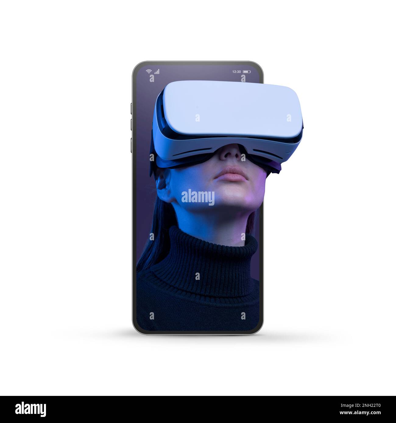 Young woman in a smartphone screen wearing a VR headset and ...