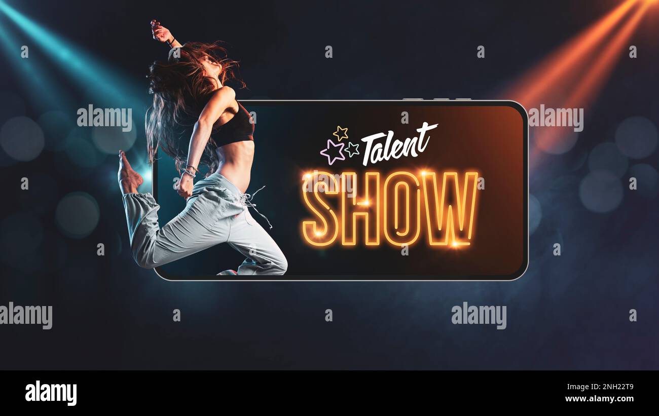 Talent show advertisement and woman dancing in a smartphone, online ...
