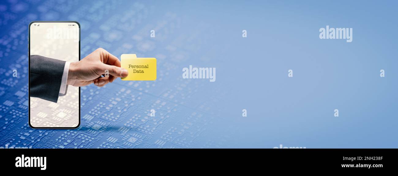 Businessman hand coming out of a smartphone screen and holding a folder ...