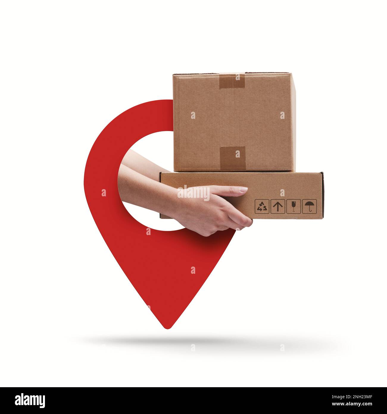 Courier delivering parcels in a GPS pin: express delivery and delivery ...