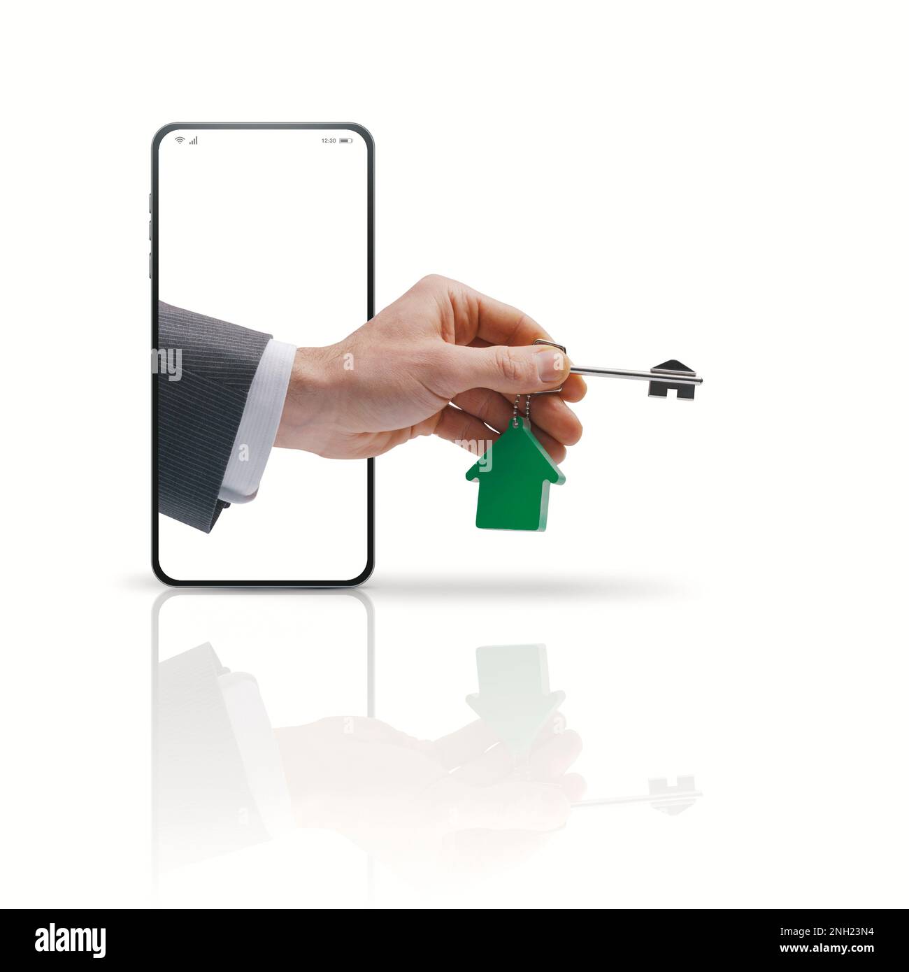 Real estate agent hand in a smartphone screen holding your new house ...
