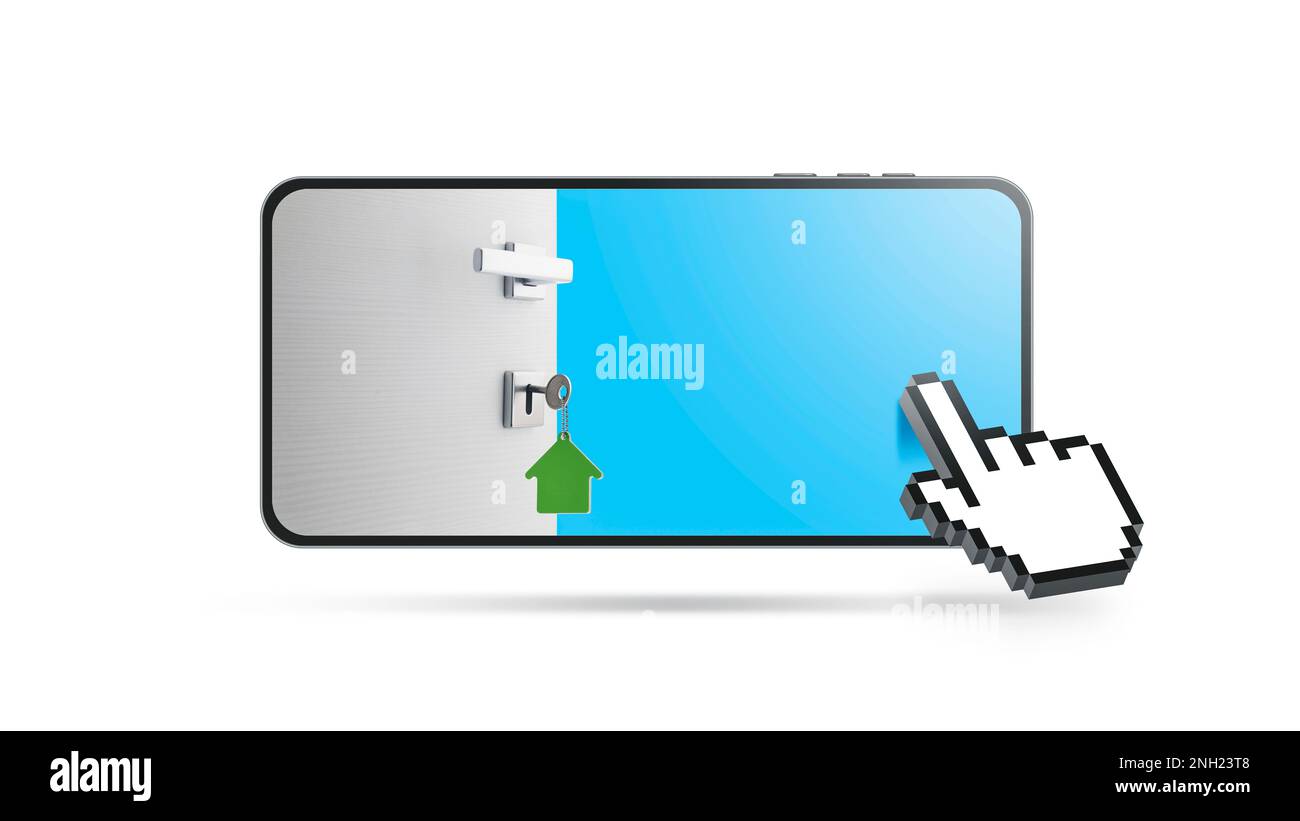 Open door with house keys on smartphone screen and hand pointer: real ...