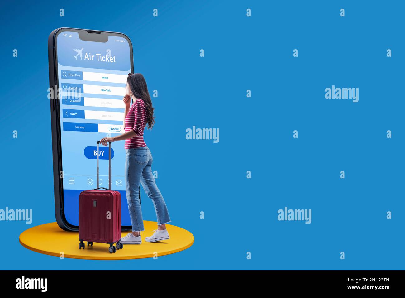 Young woman booking her air ticket online using a big smartphone, she ...