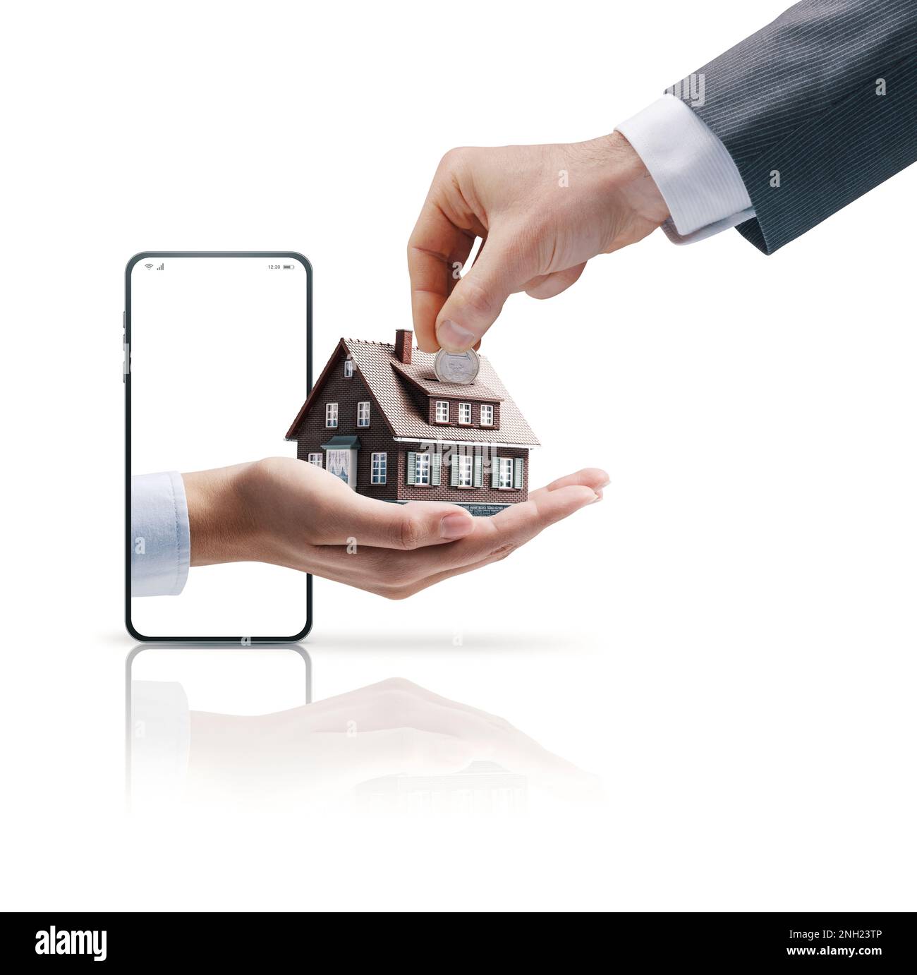 Real estate agent showing a home in a smartphone screen and customer ...