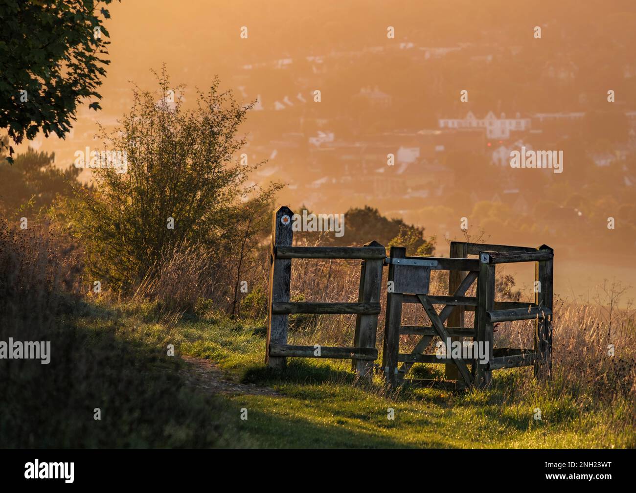 Farm Stye Gate in the Surrey Hills near Dorking England. Taken at dawn ...