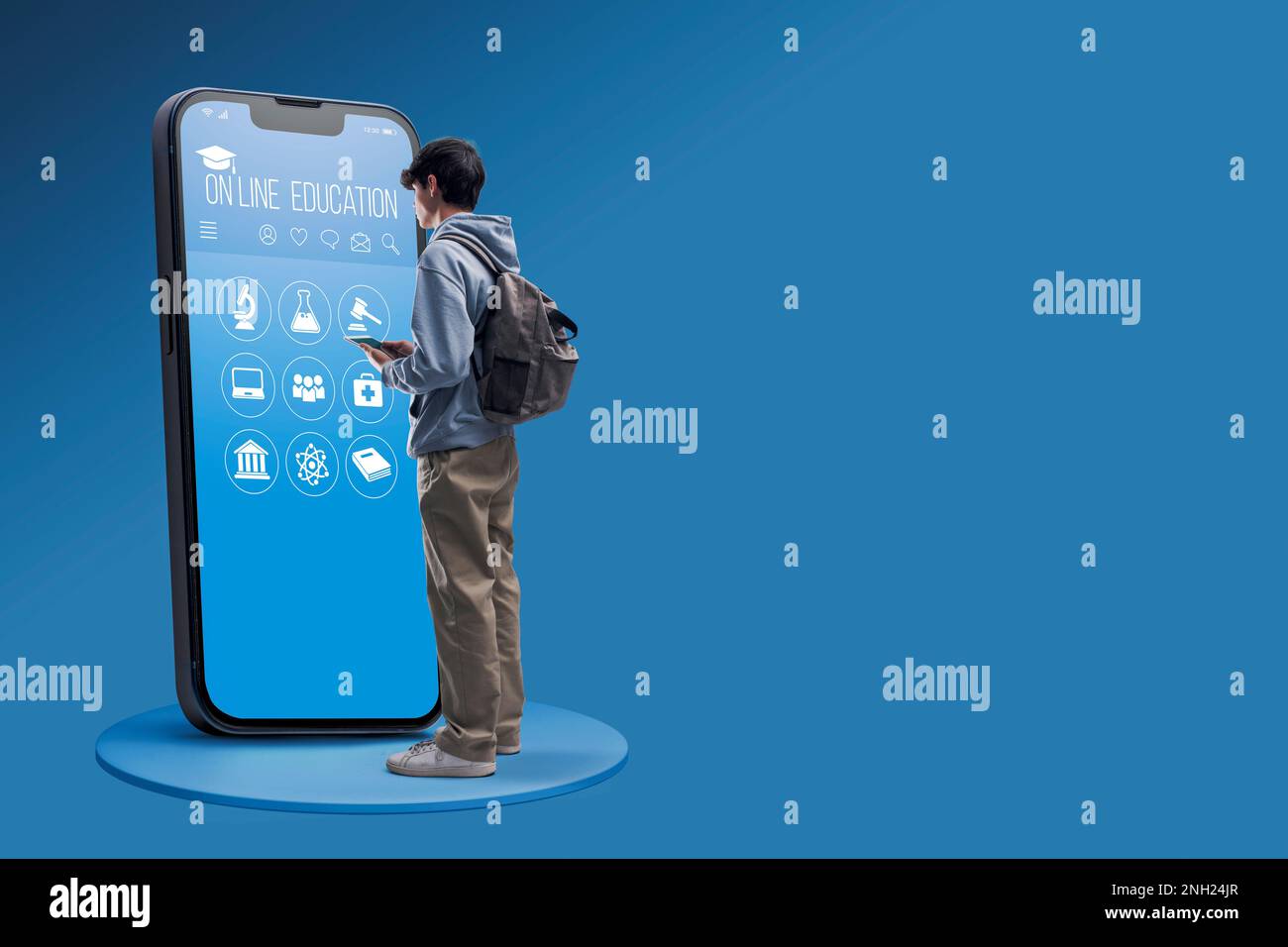 Smart student using a big smartphone with online education app ...