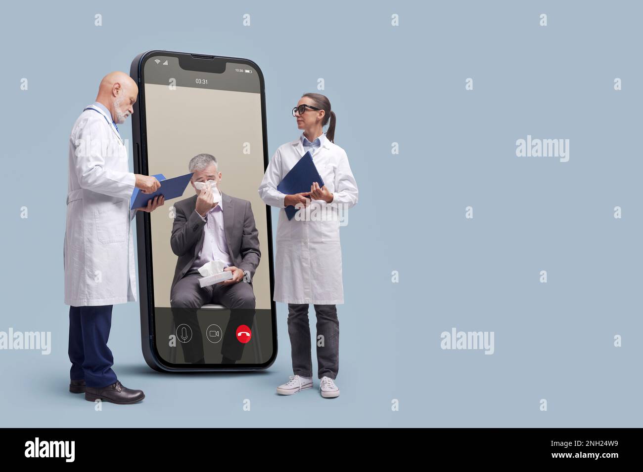 Doctor taking care of a patient with cold and flu on video call ...