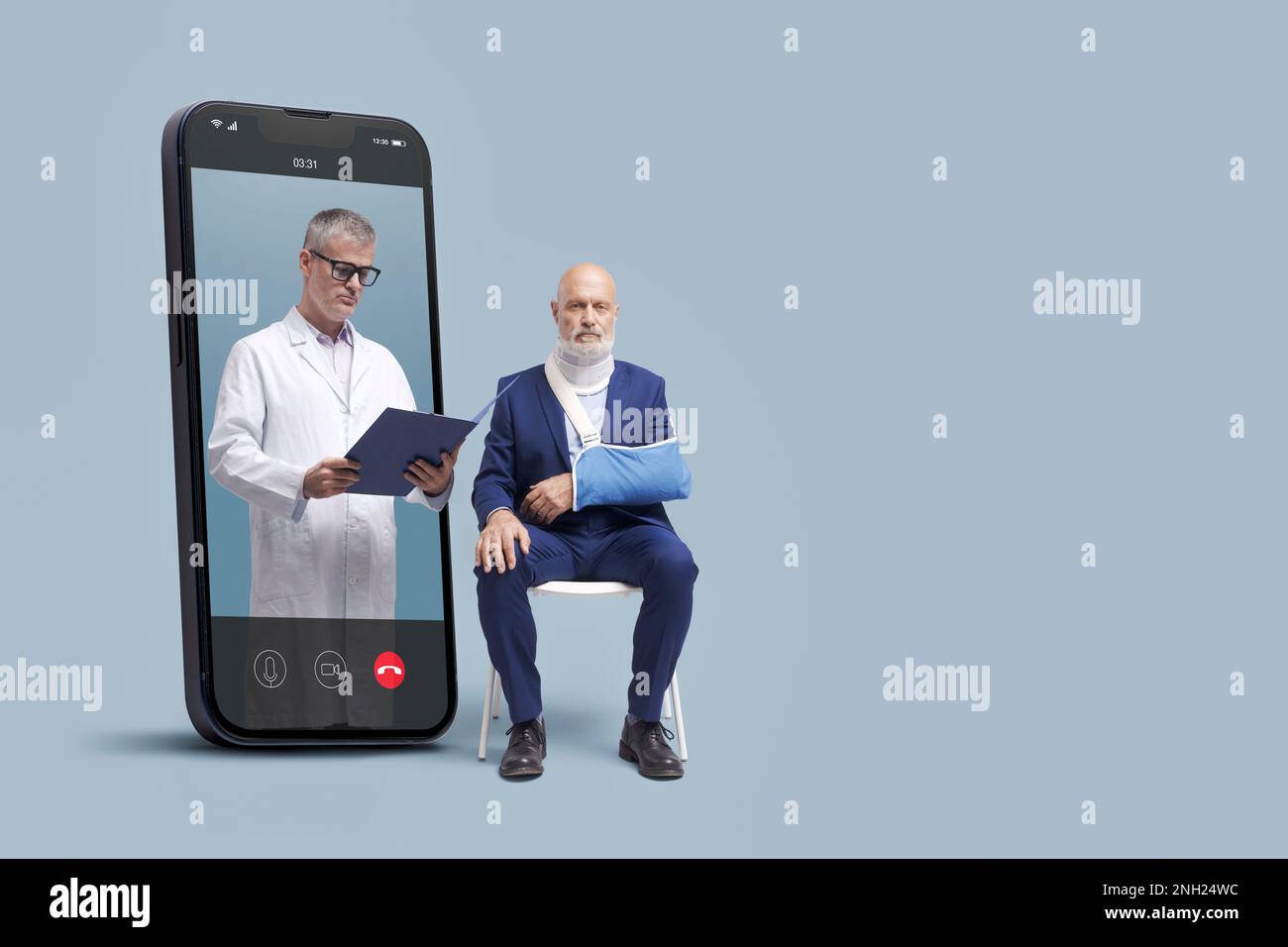 Online doctor taking care of a patient with broken arm on video call ...