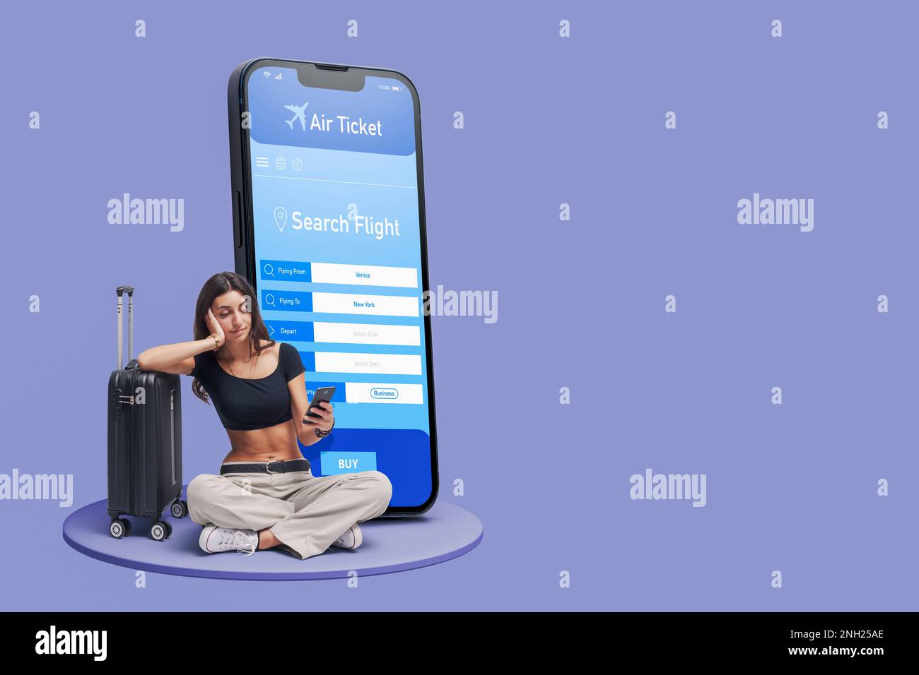 Young happy woman booking air tickets online using a mobile app, travel ...