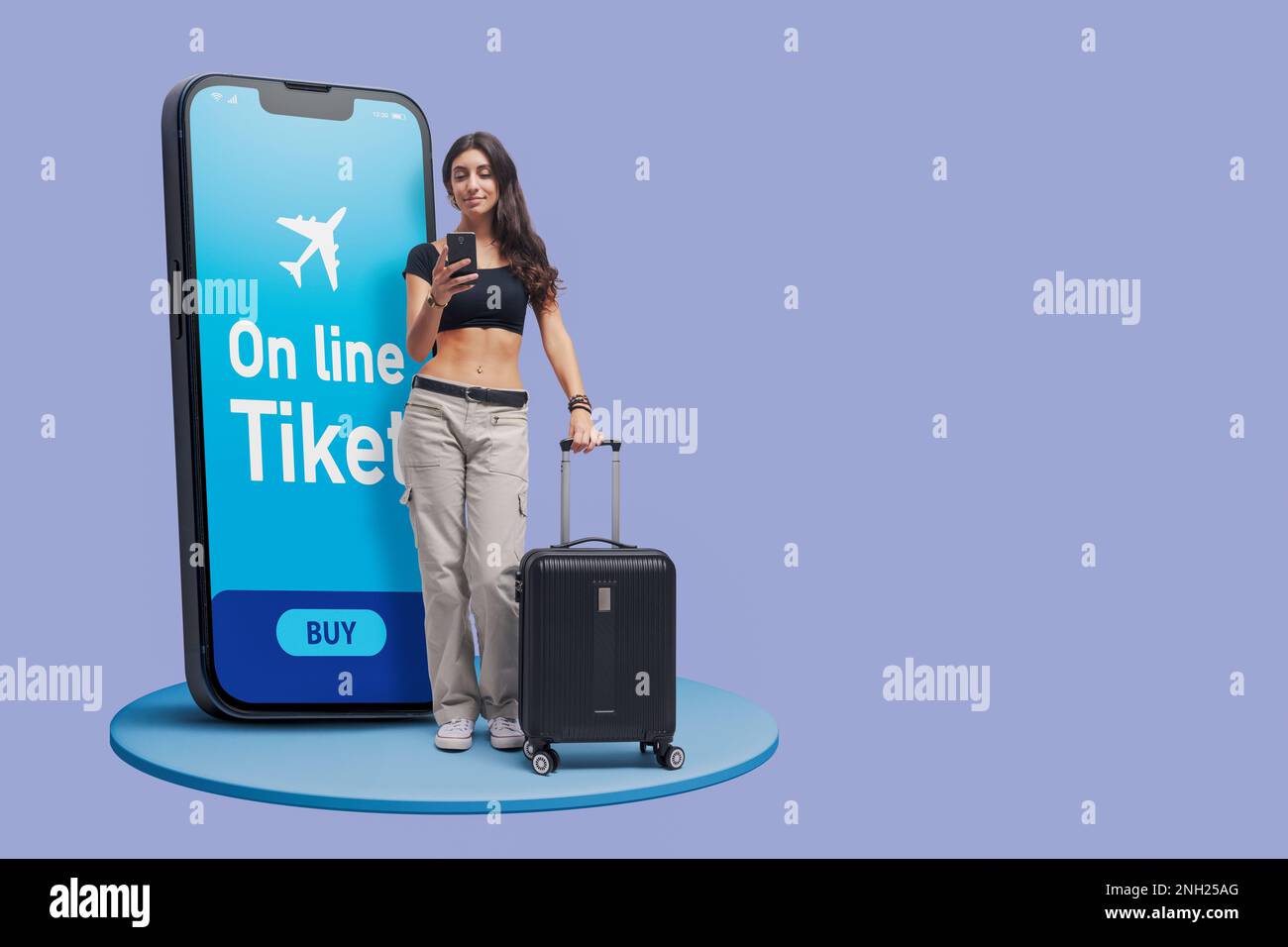 Young happy woman booking air tickets online using a mobile app, travel ...