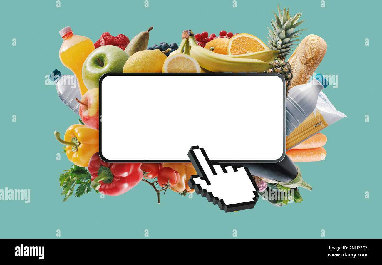 Online grocery shopping app: hand cursor clicking on smartphone and ...