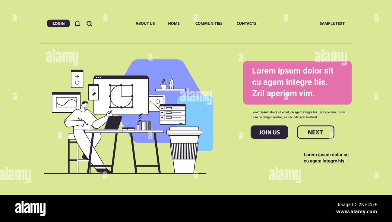 designer drawing with pen in graphic editor man creating website user interface working on ...