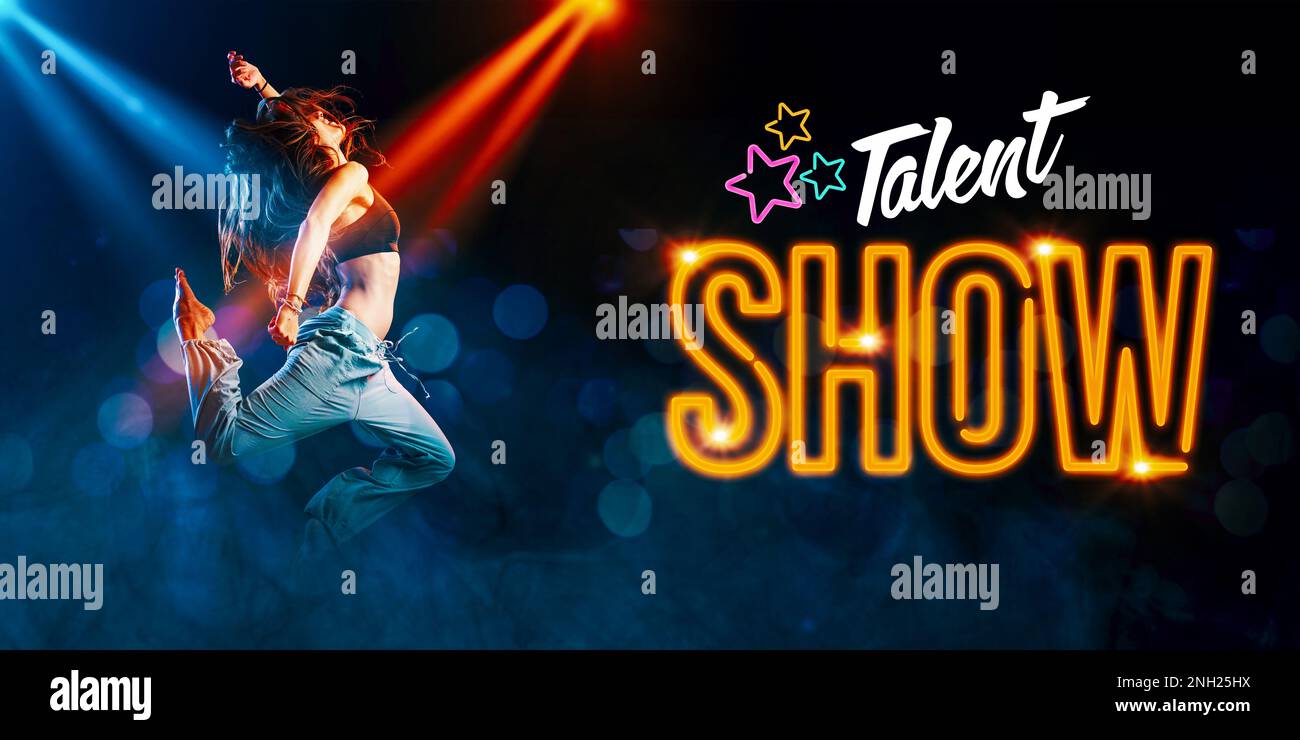 Talent show advertisement and young woman dancing, entertainment and ...