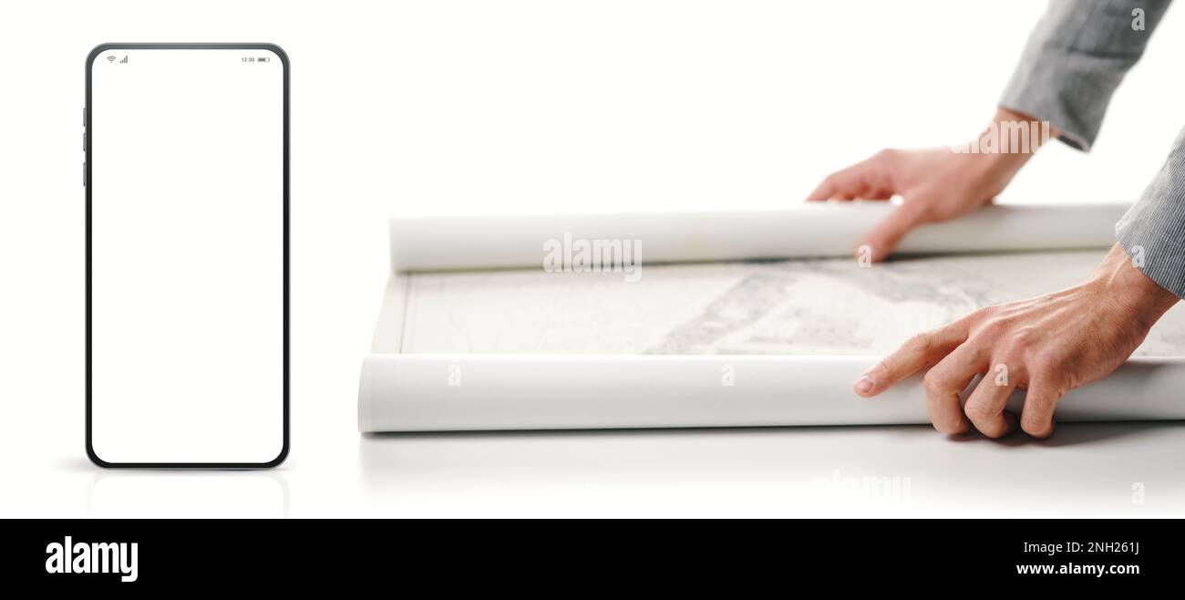 Architect checking a house project and smartphone with blank screen ...