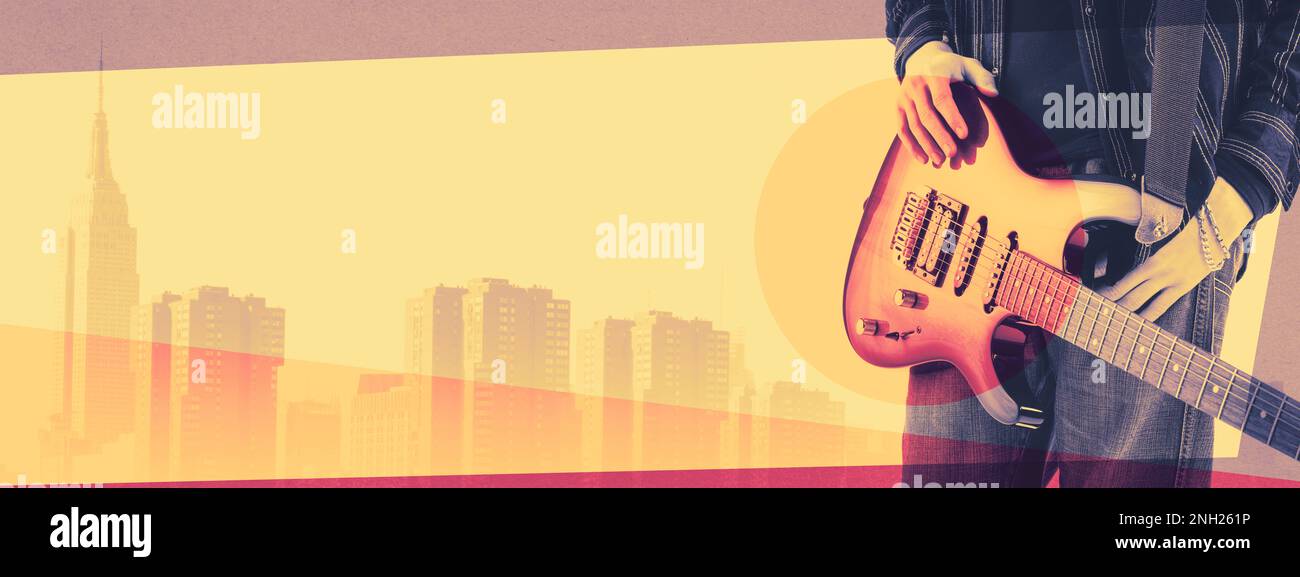 Cool rockstar with electric guitar and city skyline in the background ...