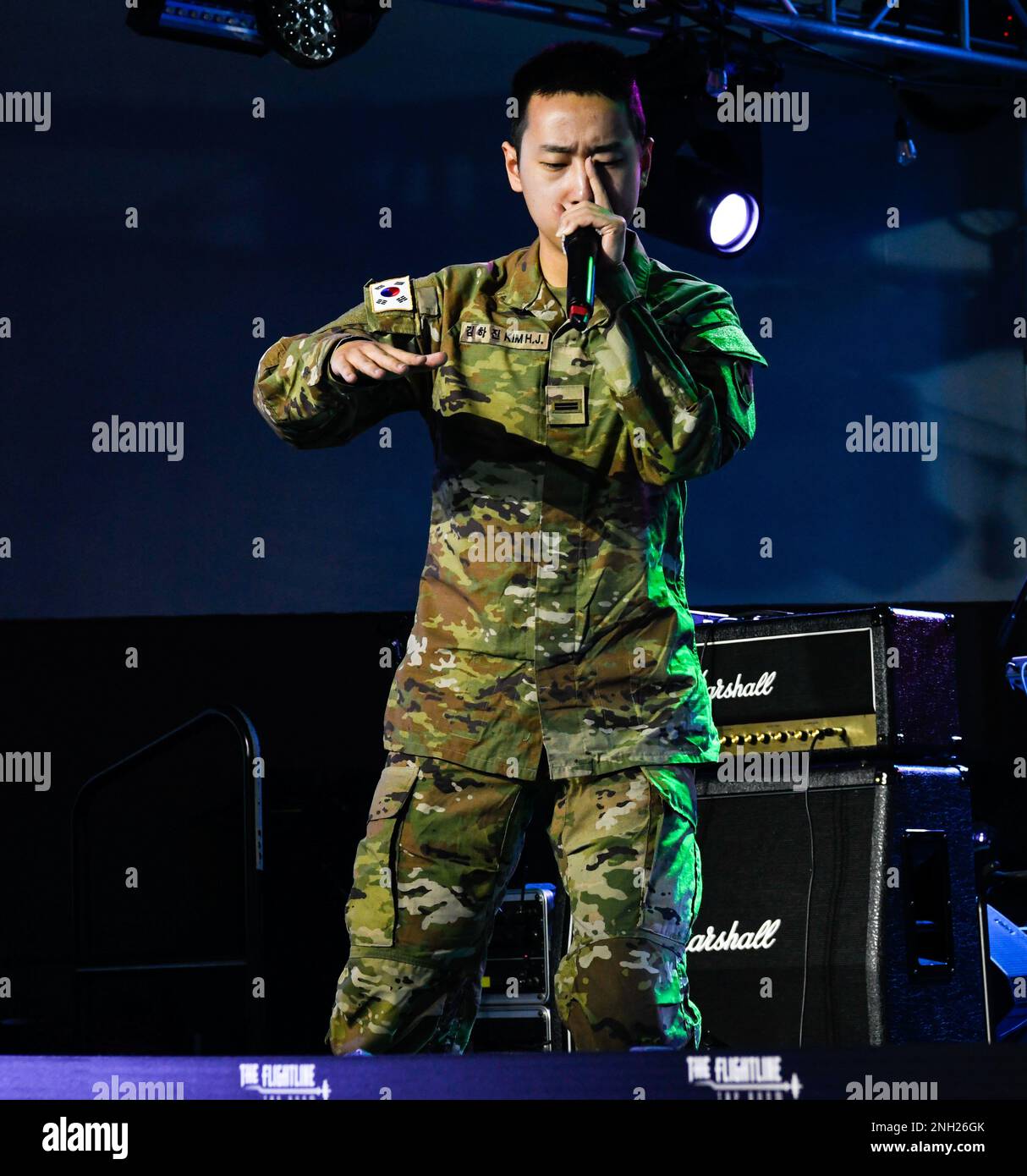 Pfc. Ha Jin Kim beat boxes during the KATUSA’s Got Talent preliminary ...